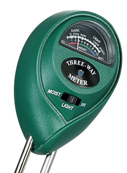 THREE-WAY METER. 3-in-1 Meter Tests Moisture, Light and pH balance ...